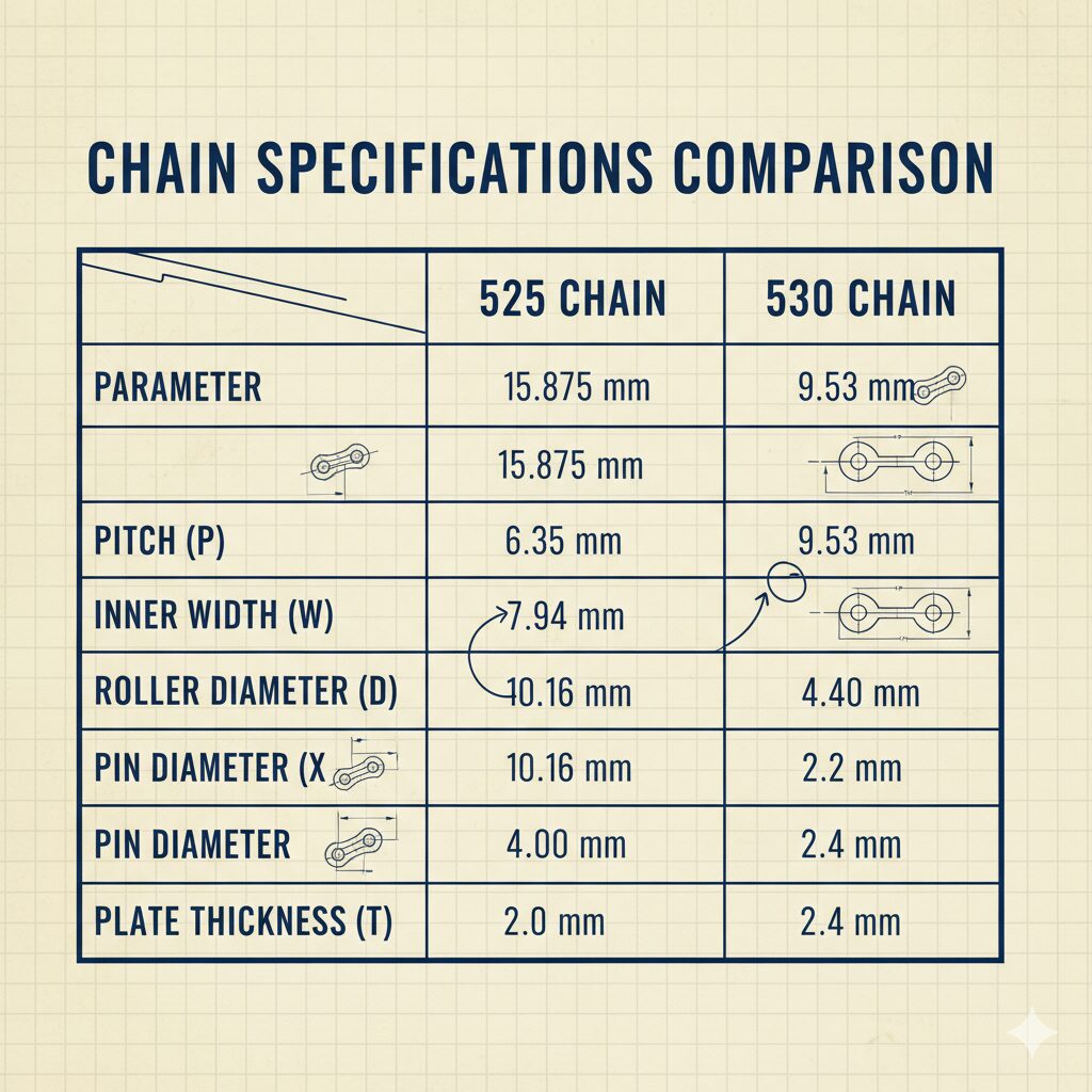 520 Vs 525 Vs 530 Chain Dimensions & Differences Explained-Motomaxsfr